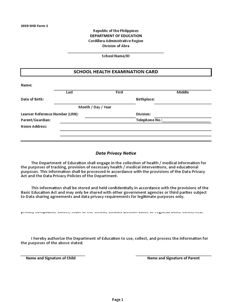 School Health Examination Card Format | PDF | Information Privacy ...