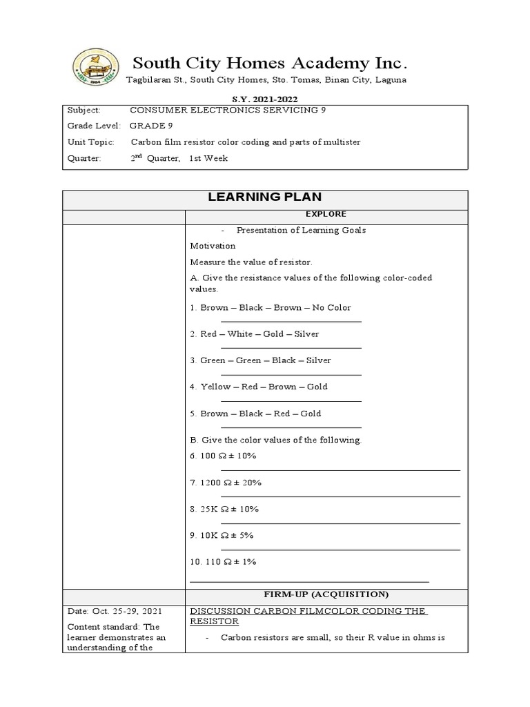 Lesson Plan For Carbon Film Resistor Color Coding and Parts and Types ...