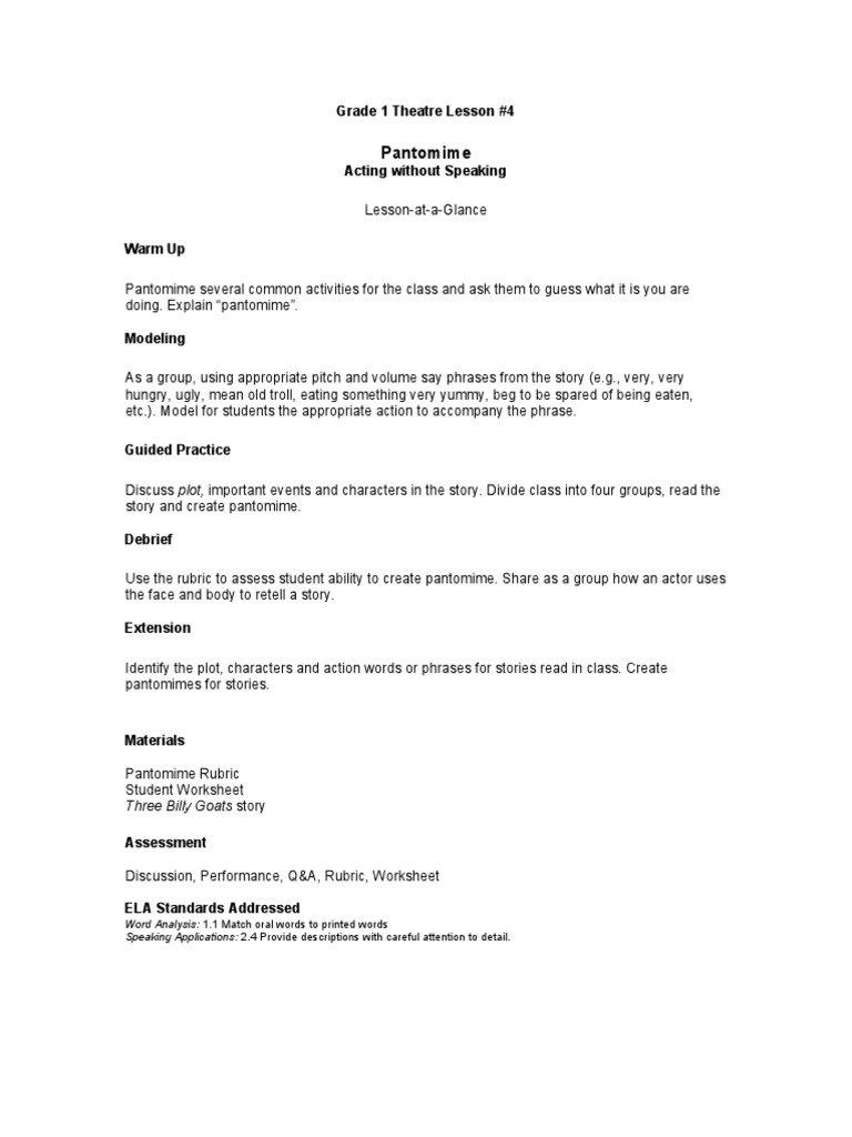 Grade 1 Pantomime Lesson | PDF | Rubric (Academic) | Theatre