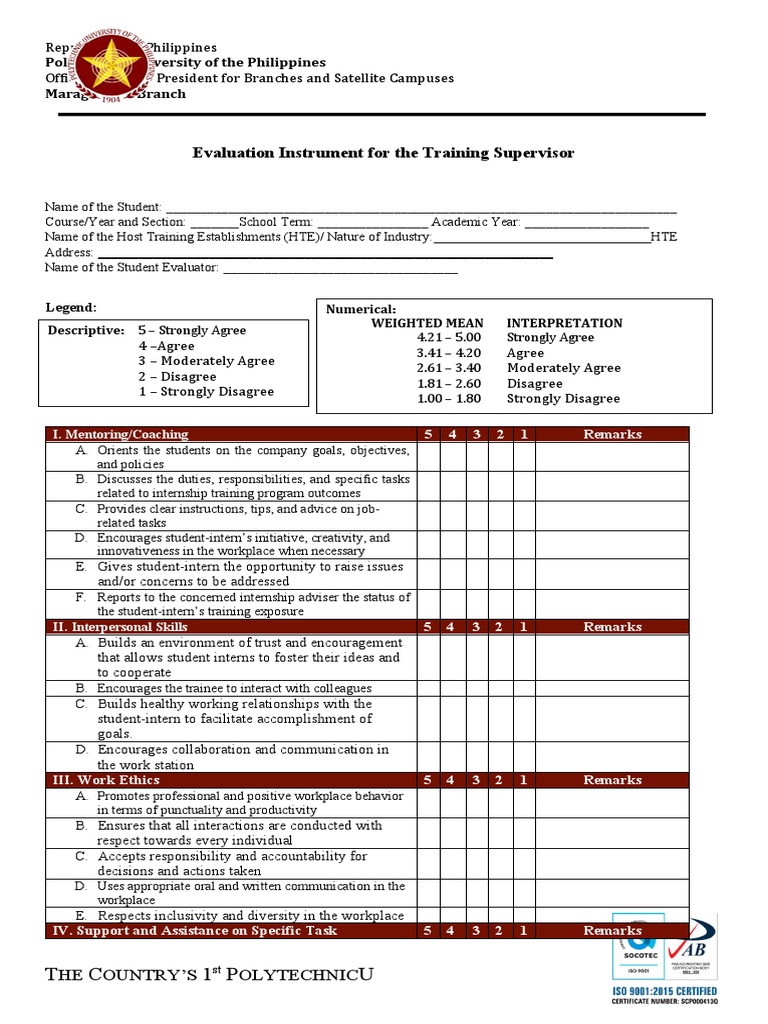 Evaluation Instrument Supervisor | PDF | Internship | Job Hunting