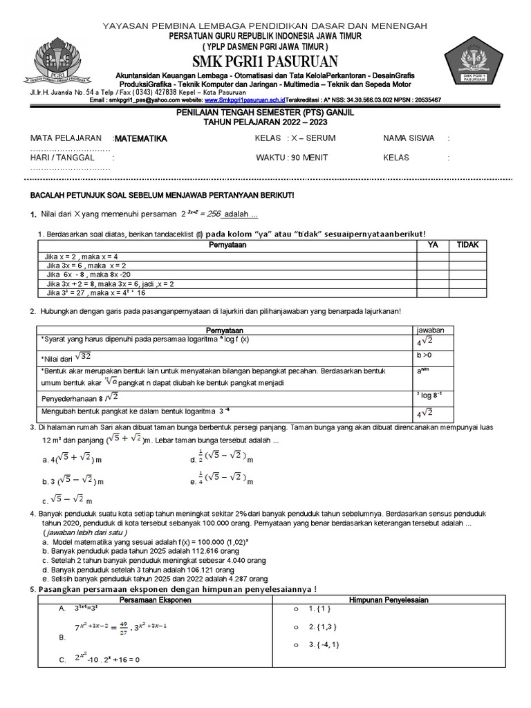 PTS Ganjil MTK 22-23 Kls X Serum | PDF