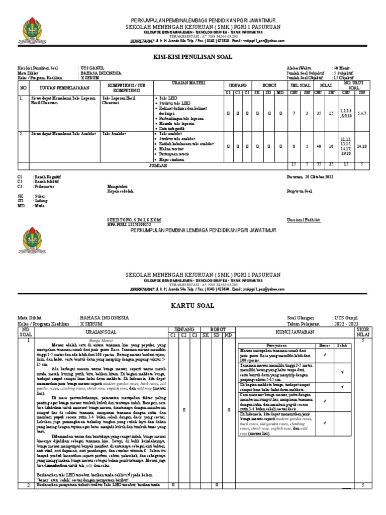 Kartu Soal - Kisi Kisi UTS X | PDF