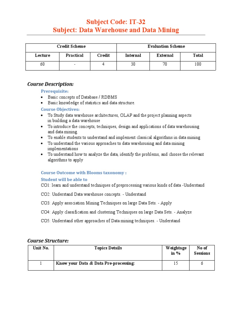 Data Warehouse and Data Mining Syllabus | PDF | Data Warehouse | Cluster Analysis