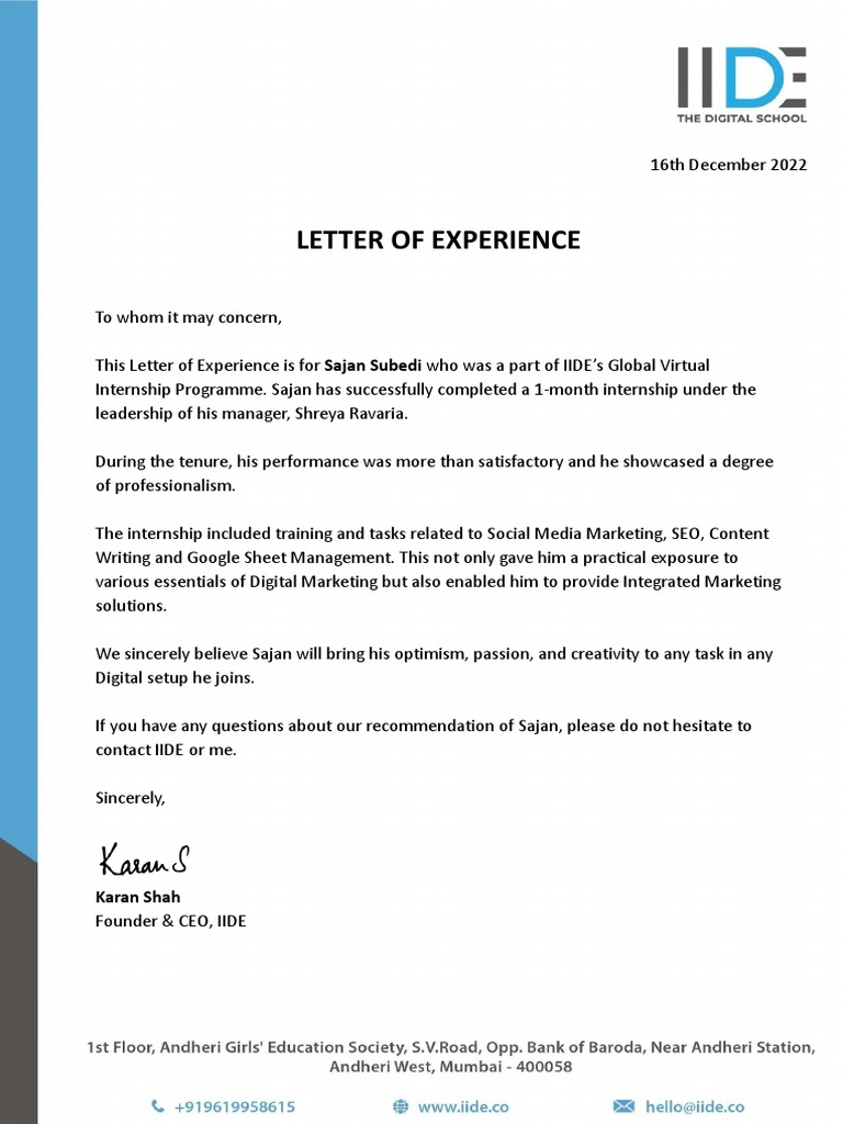 IIDE Letter of Experience 1 | PDF