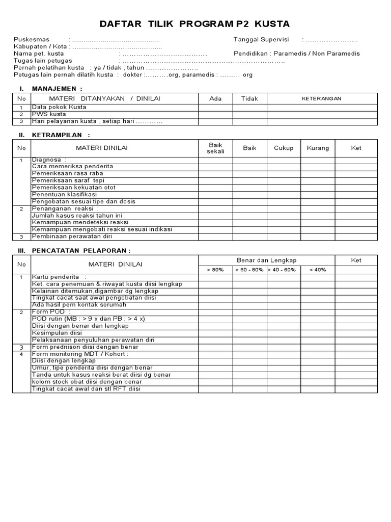 Ceklist Wasor Kusta Untuk Puskesmas | PDF