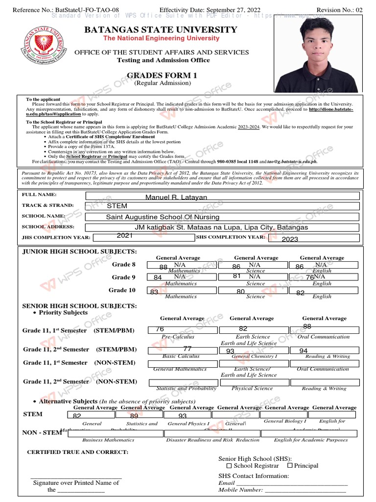 BatStateU-FO-TAO-08 - Grades Form 1 (Regular Admission) - Rev. 02 ...
