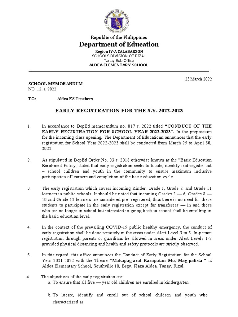 School-Memo-No-12-s-2022-CONDUCT OF EARLY REGISTRATION-SY-2022-2023 | PDF