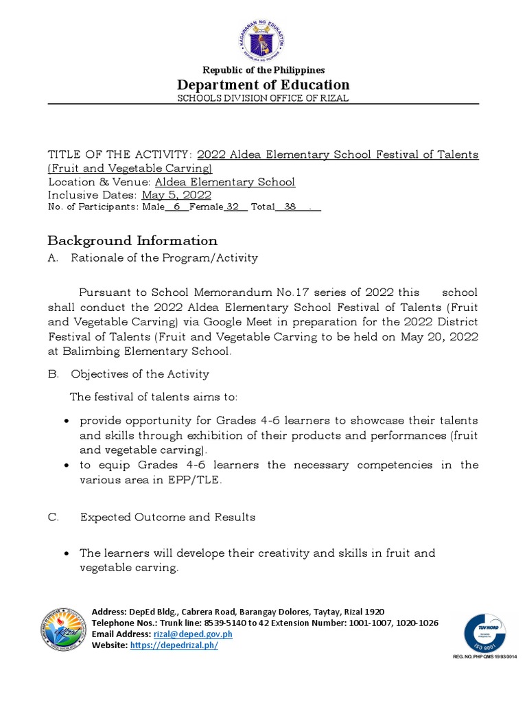 Activity Documentation Report - 2022 Aes Festival of Talent | PDF