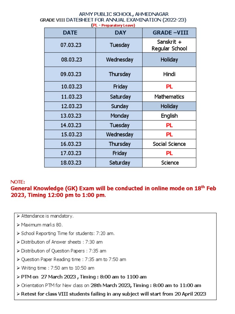 Class 8 Annual Exam Datesheet March 2023 | PDF