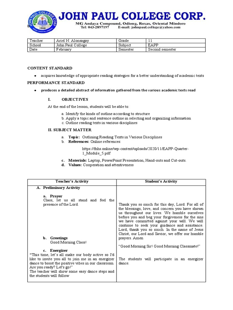 11th Grade EAPP Lesson Plan on Outlining Reading Texts | PDF | Essays ...