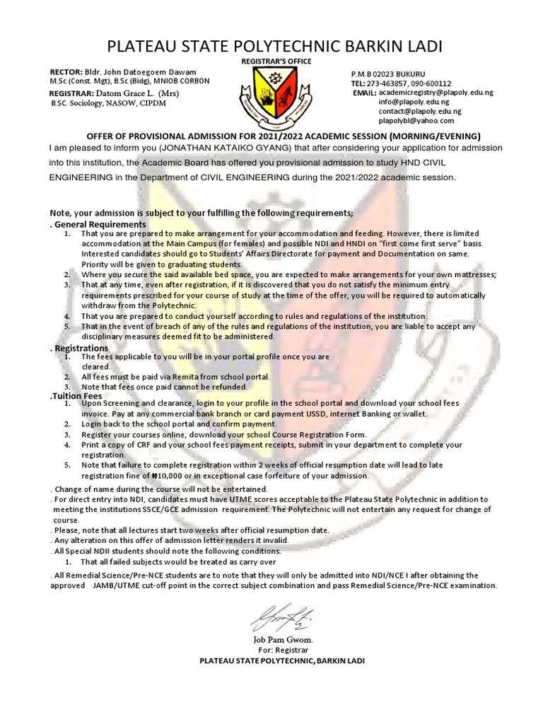 Plateau State Polytechnic Barkin Ladi: Offer of Provisional Admission ...