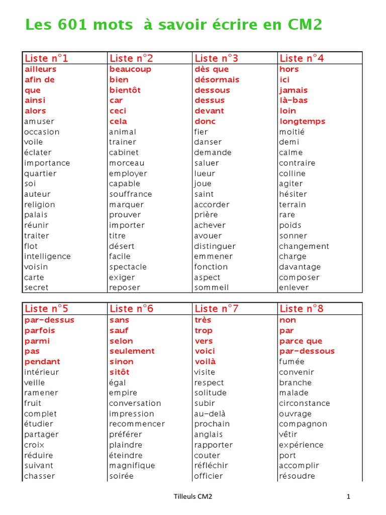 Liste de mots à maîtriser en CM2 | PDF