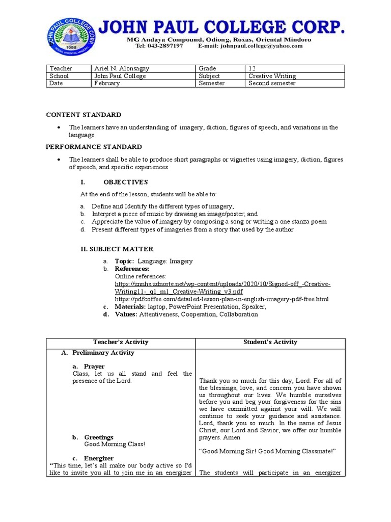 Creative Writing Lesson Plan on Imagery | PDF | Senses | Mental Processes