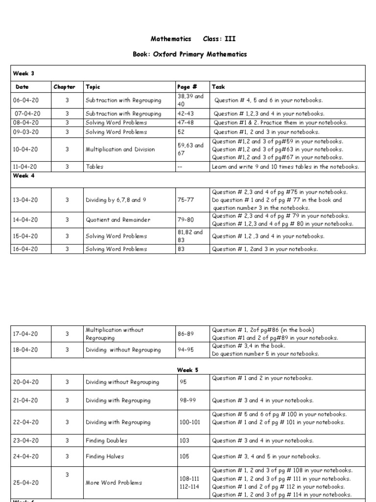 Mathematics Class: III Book: Oxford Primary Mathematics | PDF | Division (Mathematics ...