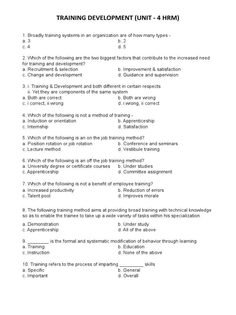 Unit 4 HRM Training Development MCQ | PDF
