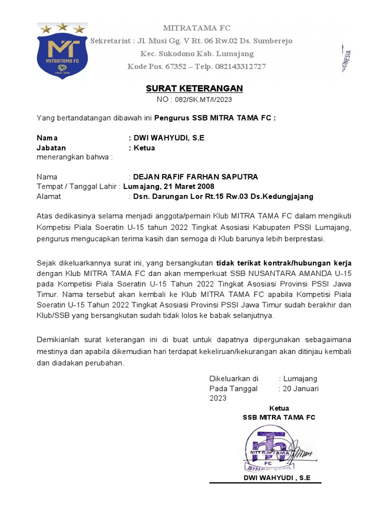Surat Keterangan Pemain Rafif | PDF