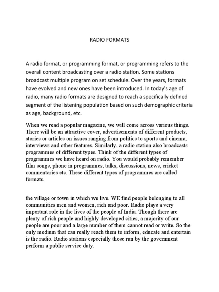 Radio Formats Unit 2 Topic 1 | PDF | Radio Broadcasting | Broadcasting