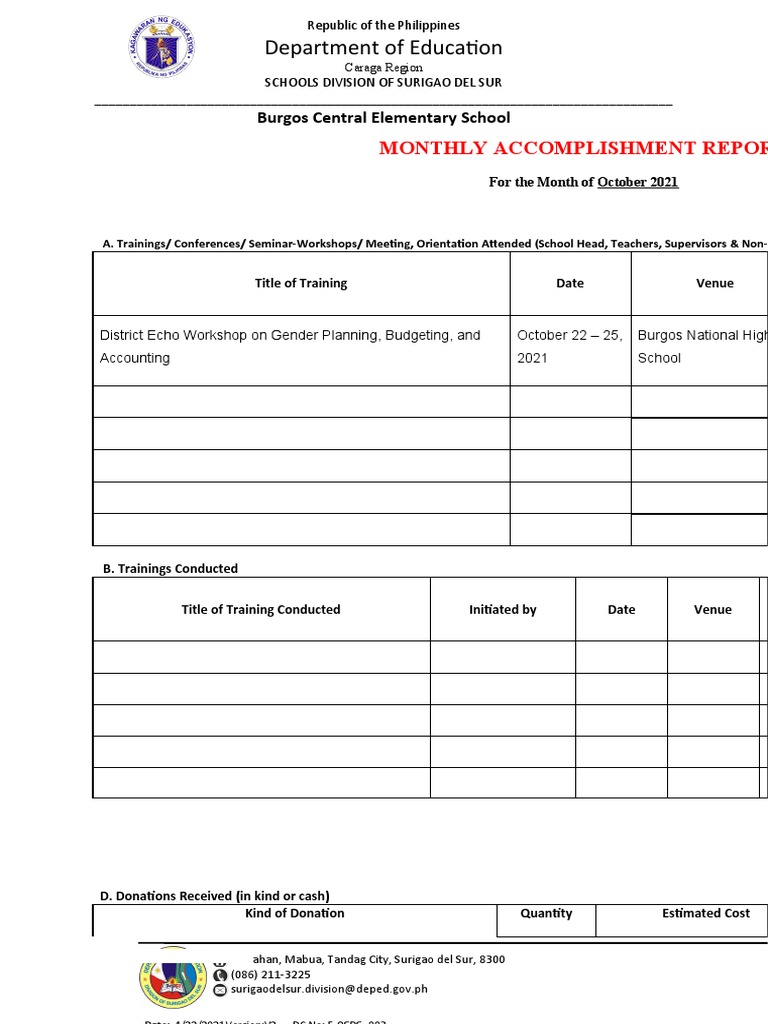 Monthly Accomplishment Report | PDF | Philippines | Government