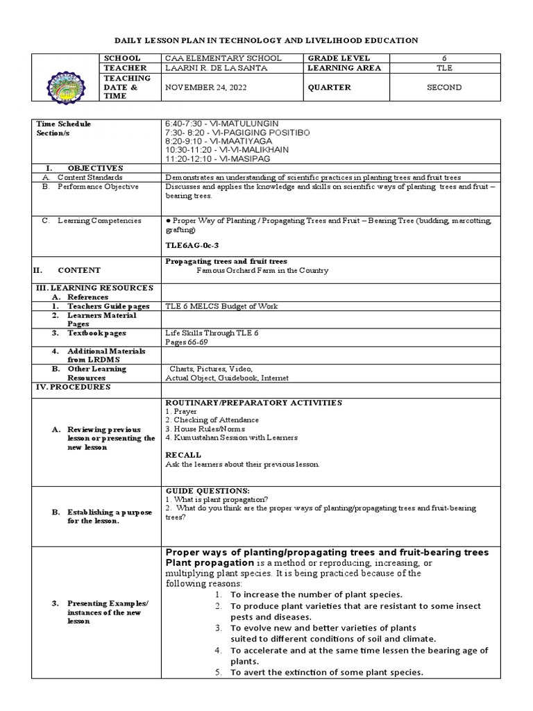 Daily Lesson Plan on Plant Propagation | PDF | Grafting | Botany