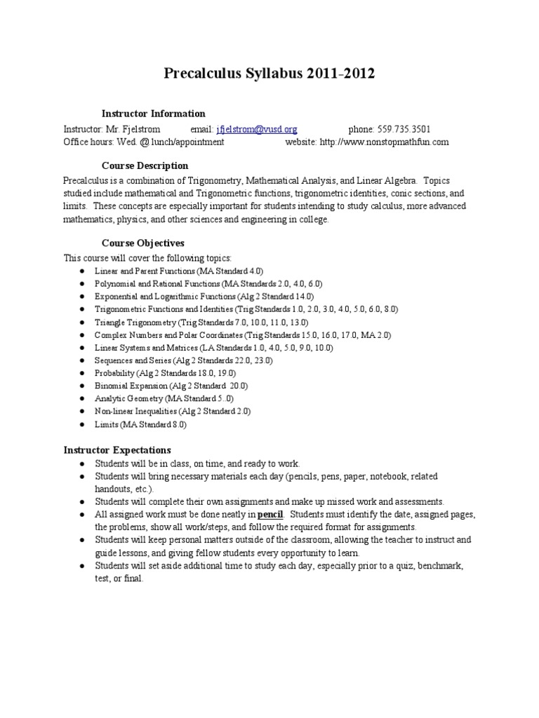 Precalculus Syllabus | Precalculus | Trigonometry