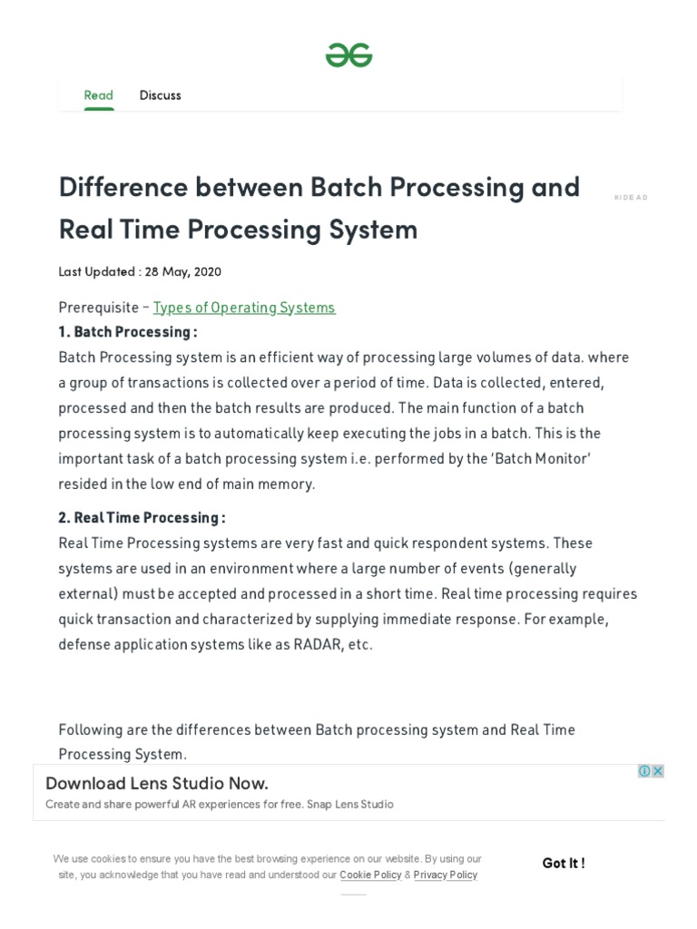 Difference Between Batch Processing and Real Time Processing System - GeeksforGeeks | PDF