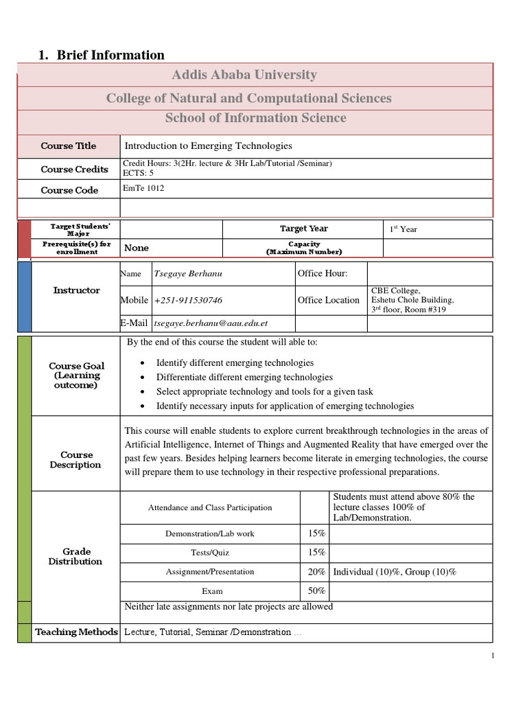 Course Outline - Introduction To Emerging Technologies | PDF | Internet Of Things | Artificial ...