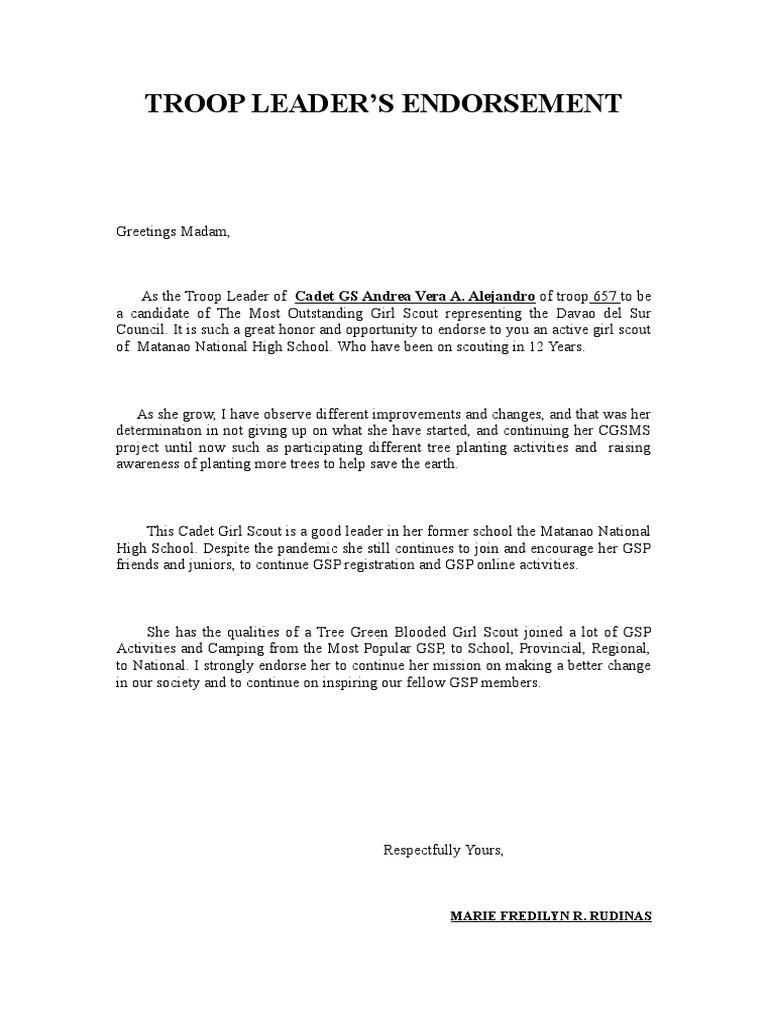 Troop Leaders Endorsement Example Gsp/cgsms | PDF