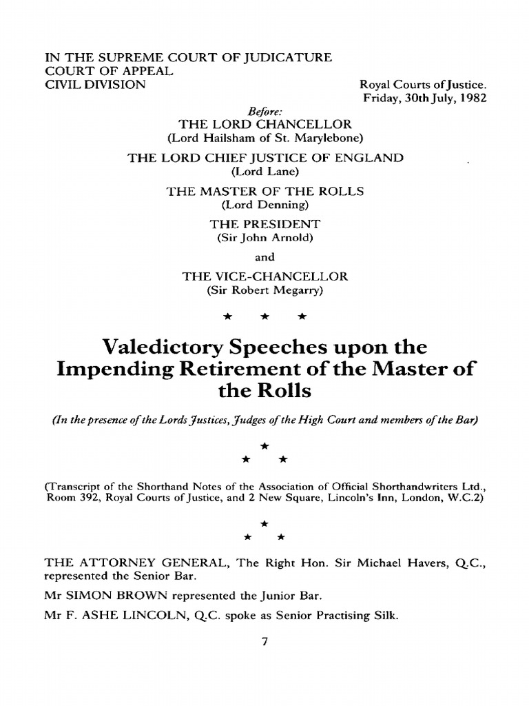Denning Valedictory Speeches | PDF | Judge | Judiciary Of England And Wales