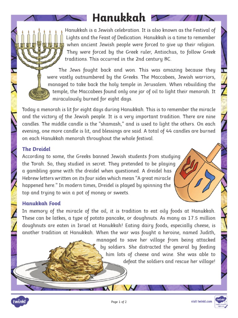 Fourth Grade Hanukkah Reading Comprehension Activity | PDF | Hanukkah ...