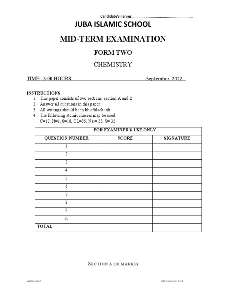 JUBA FORM TWO EXAM | PDF | Chemical Elements | Mixture