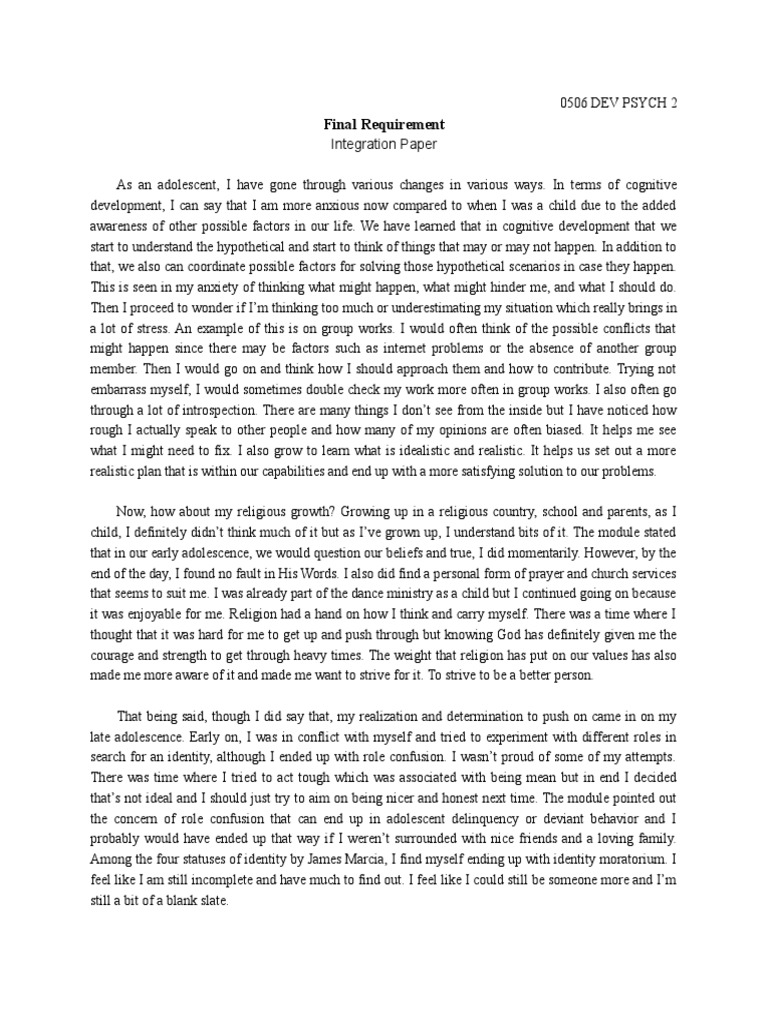 Integration Paper | Download Free PDF | Adolescence | Identity (Social ...