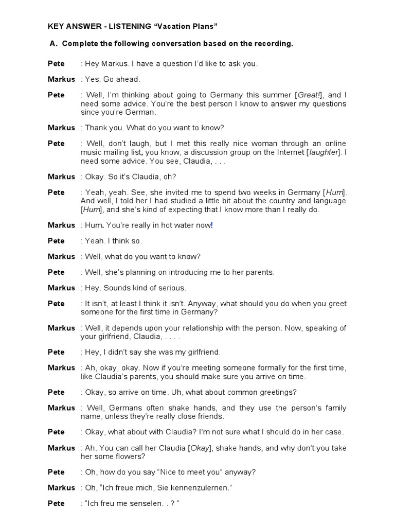 Listening Key Vacation Plans | PDF | Communication | Linguistics