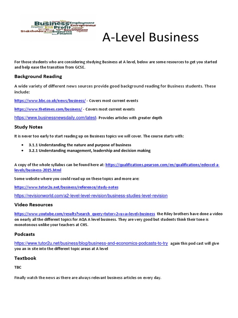 Business Studies Study List For New A Level Students Edexcel 1 | PDF