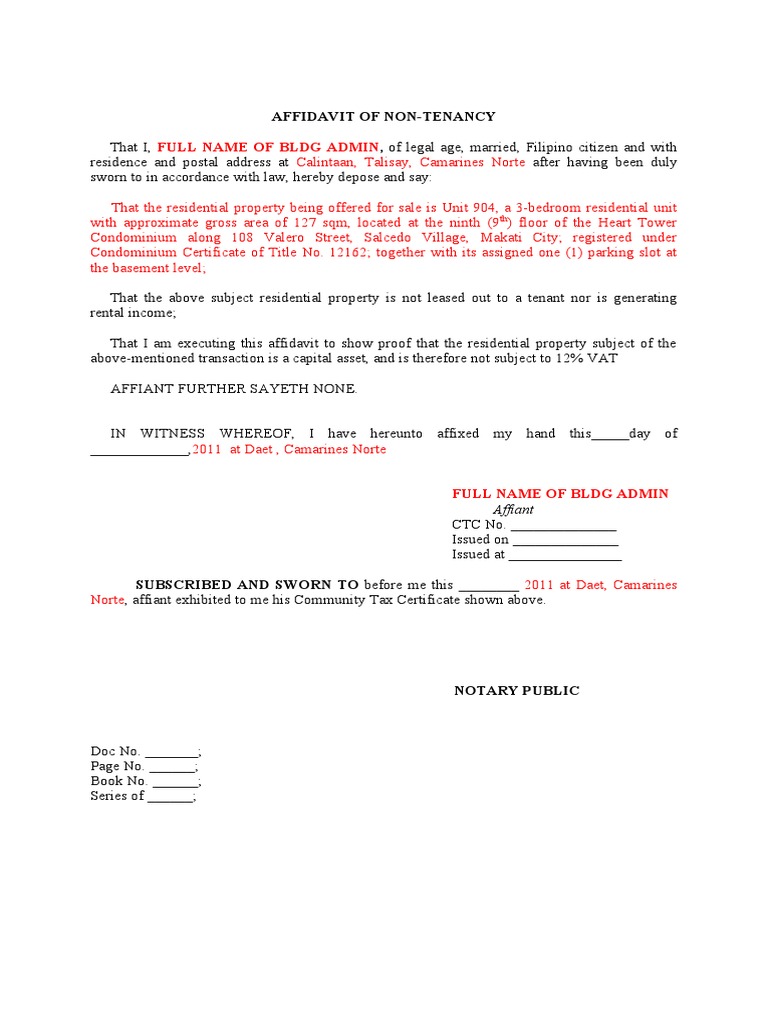 Affidavit of Seller-Non-tenancy (Residential Property) | PDF