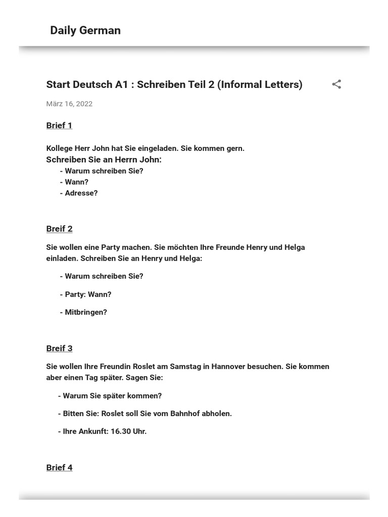 Start Deutsch A1 - Schreiben Teil 2 (Informal Letters) | PDF