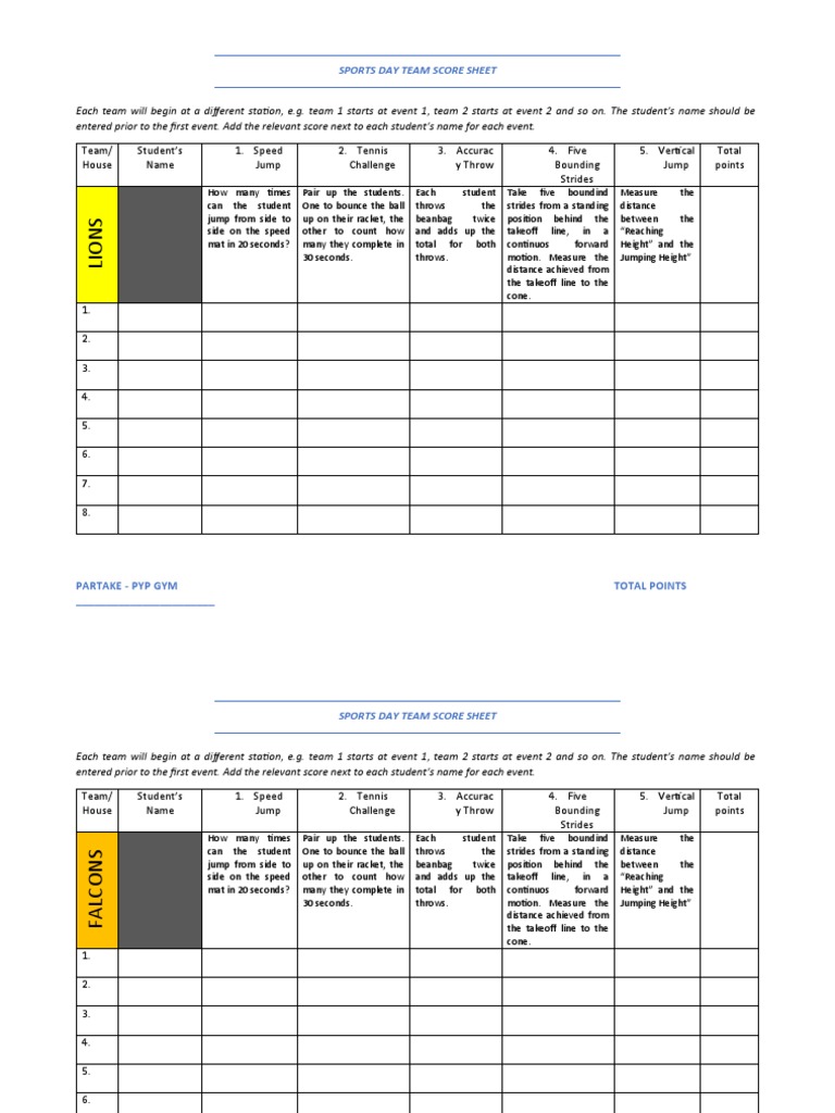 Sports Day Team Score Sheet | PDF | Takeoff | Sports
