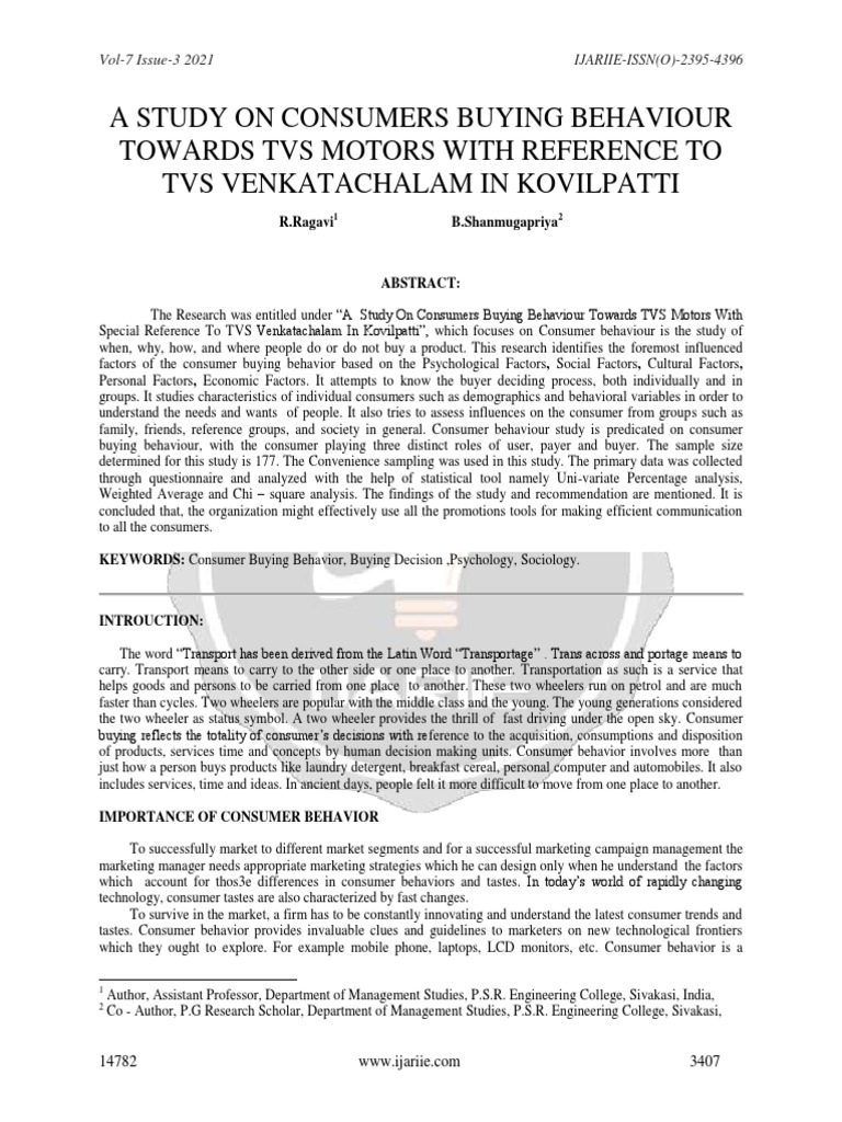 A STUDY ON CONSUMERS BUYING BEHAVIOUR TOWARDS TVS MOTORS WITH REFERENCE TO TVS VENKATACHALAM IN ...
