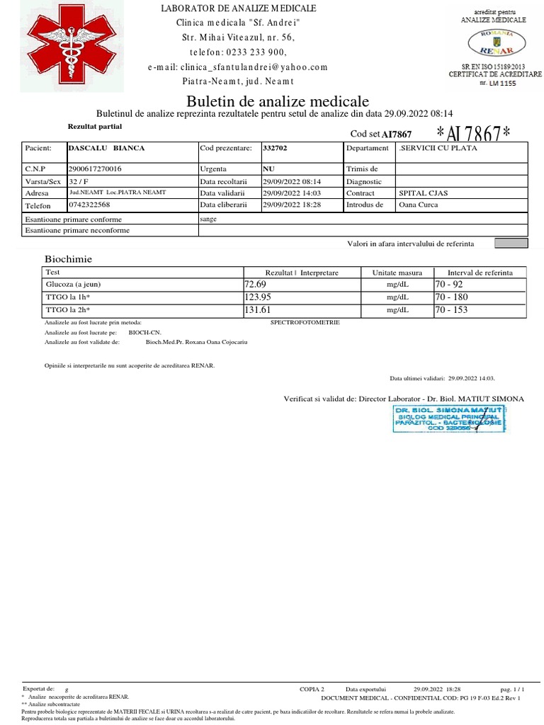 Buletin de Analize Medicale: Biochimie | PDF