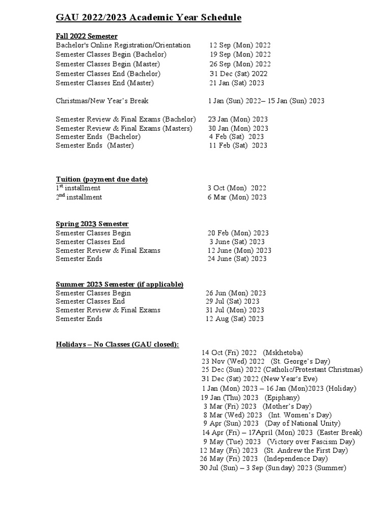 GAU 2022 2023 Academic Calendar | Download Free PDF | Academic Term | Observances