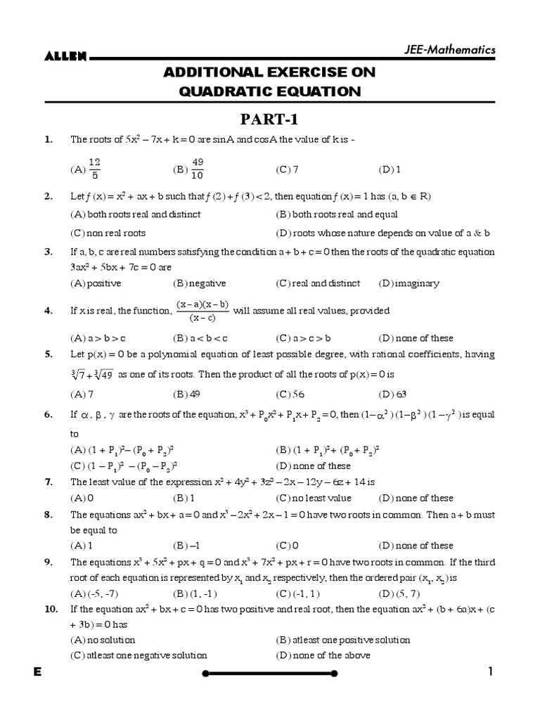 Additional Exercise (Quadratic Equation) Student | PDF | Quadratic Equation | Equations