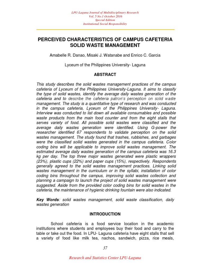 Perceived Characteristics of Campus Cafeteria Solid Waste Management ...