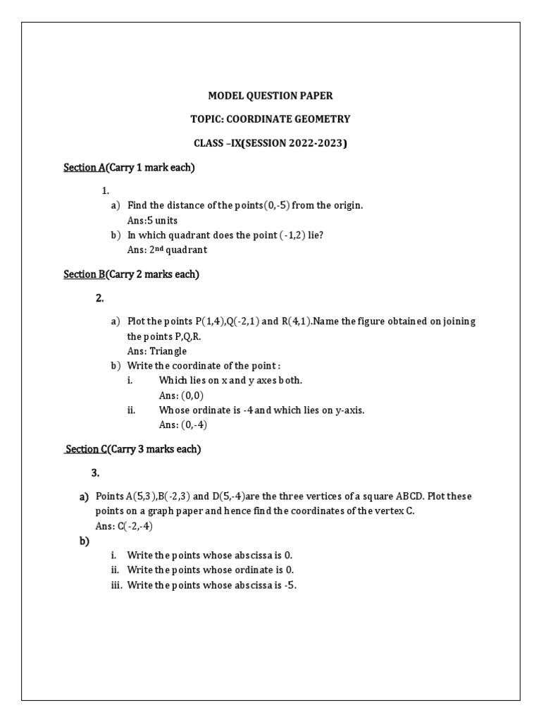 class-IXModel Question Paper Coordinate Geometry | PDF | Cartesian ...