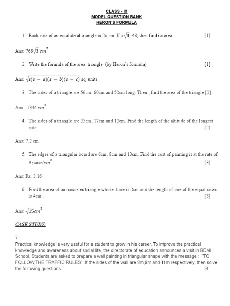 Heron's Formula Model Paper For Class Ix | PDF | Triangle | Area