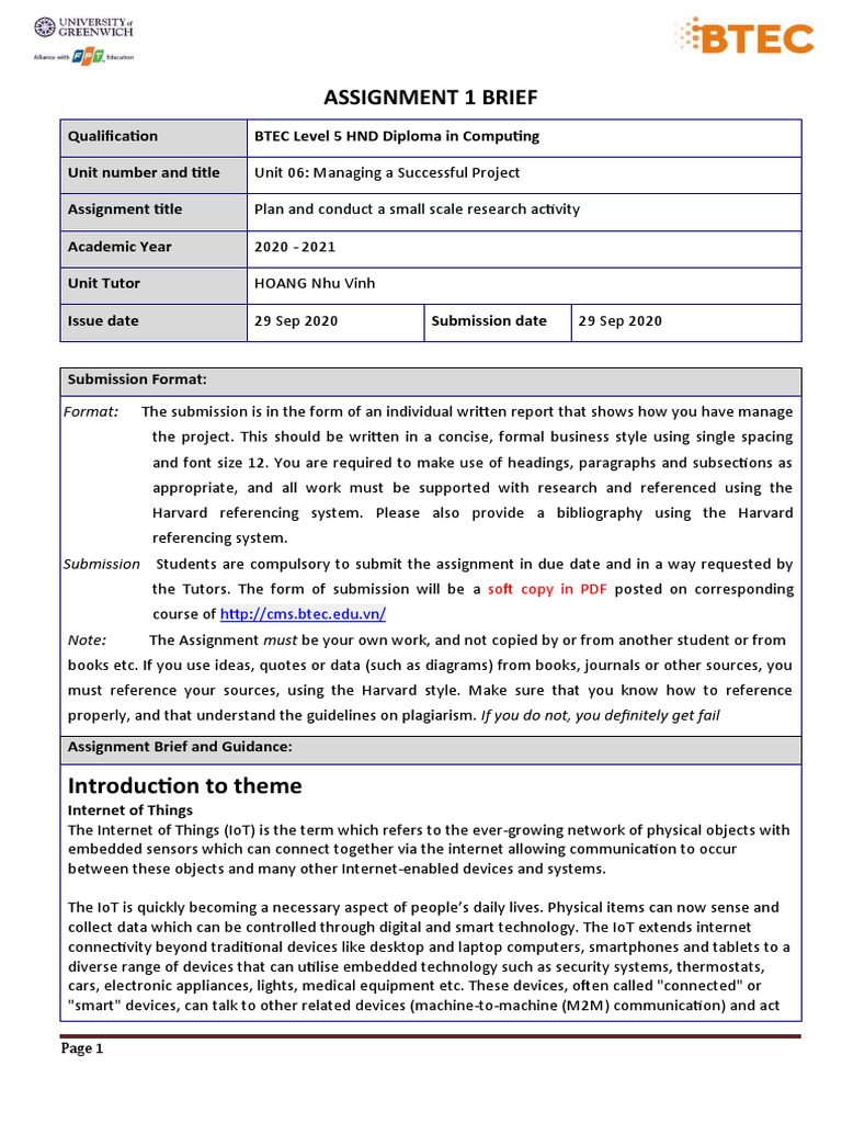 Unit 06 - Assignment Brief 1 | PDF | Internet Of Things | Project Management