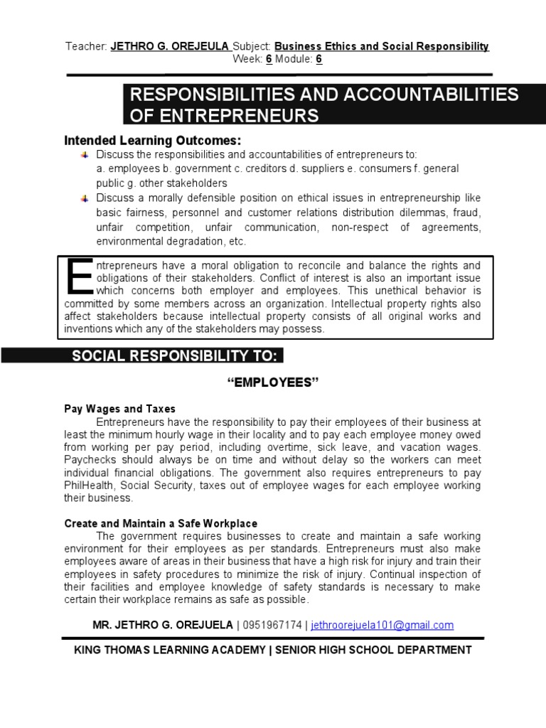 Responsibilities and Accountabilities of Entrepreneurs: Discussing an ...