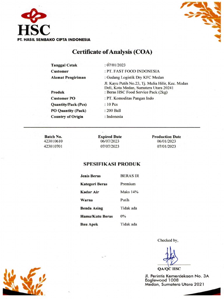 Certificate of Analysis (COA) (PO 10 Jan 2023) 20230107 - 13491413 | PDF