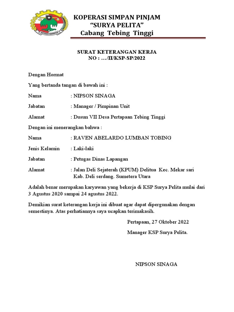 Surat Keterangan Kerja Raven Abelardo Lumban Tobing di KSP Surya Pelita ...
