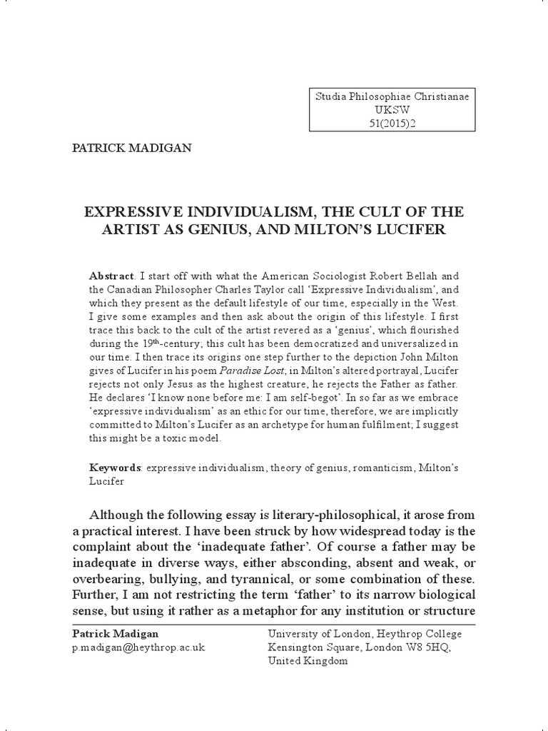 Expressive Individualism The Cult o | PDF | Paradise Lost | Satan