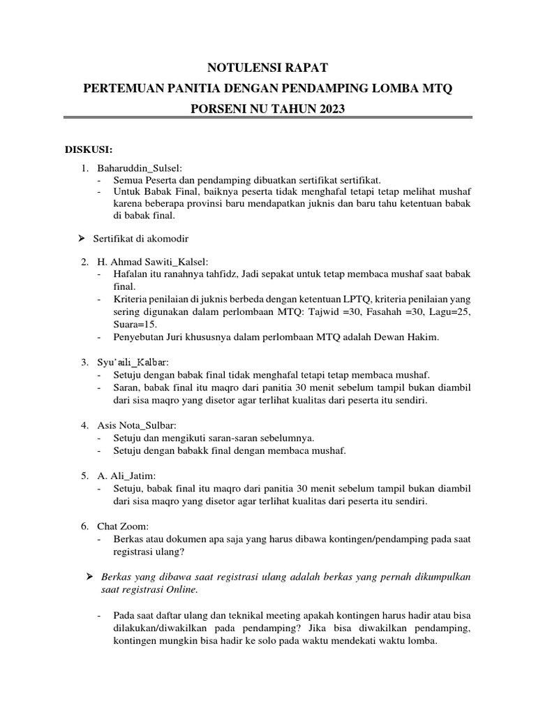 Notulensi Rapat Pertemuan Panitia & Pendamping Peserta MTQ | PDF