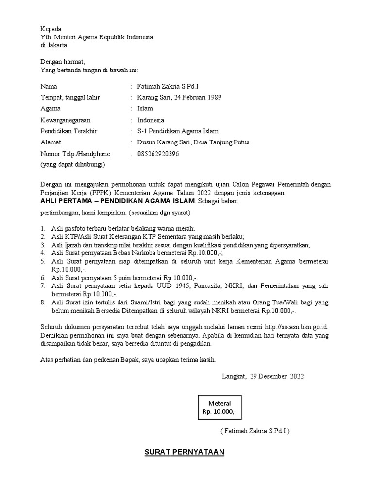 Surat Ttd Materai Pppk Ria Pdf